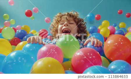 Caucasian boy in a pile of colorful plastic balls. - Stock Illustration ...