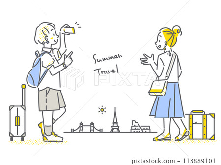 A female tourist enjoying a summer vacation... - Stock Illustration ...