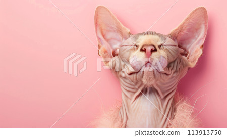 Bald sphinx cat with eyes closed and smiling on...-插圖素材 [113913750 ...
