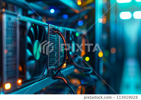 close-up of a cryptocurrency mining rig in a... - Stock Illustration ...