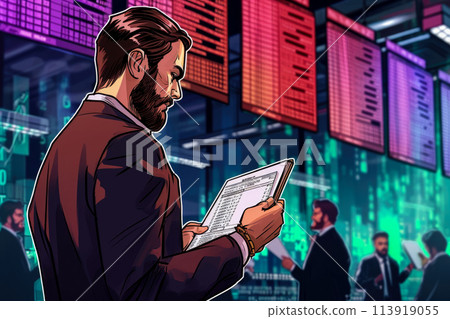 businessman holding a ledger and recording his... - Stock Illustration ...