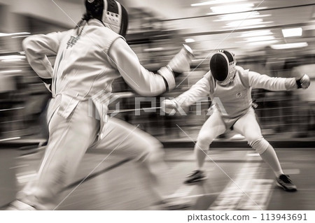 Fencing duel in a gym.-插圖素材 [113943691] - PIXTA圖庫