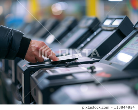 The man scanned the card on the electronic... - Stock Illustration ...