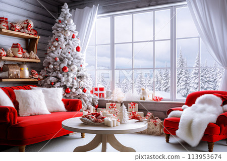 Christmas interior with red sofa, Christmas... - Stock Illustration ...