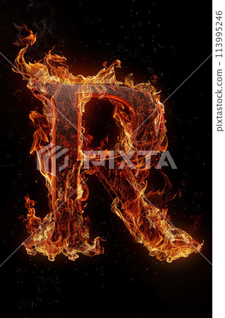 Fire letter R made of burning letters on black... - Stock Illustration ...