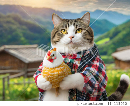 A cute cat holding a chicken in both hands -... - Stock Illustration ...