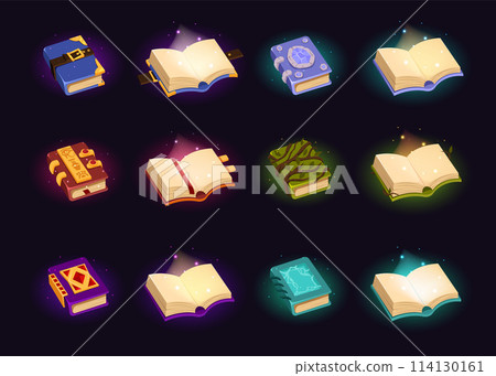 Open and closed magic books of spells. Fantasy... - Stock Illustration ...