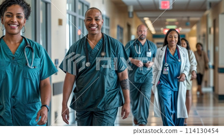 Hospital Unity: Diverse Group of Employees Walk... - Stock Illustration ...