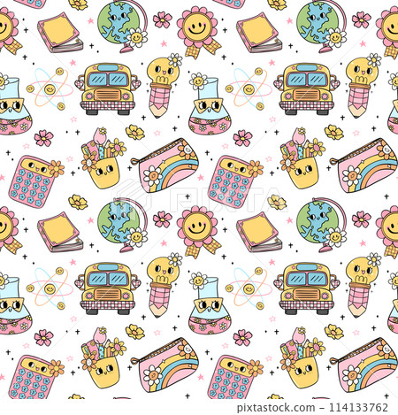 Back to school seamless pattern retro groovy... - Stock Illustration ...