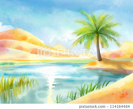 Watercolor oasis illustration - Stock Illustration [114164484] - PIXTA
