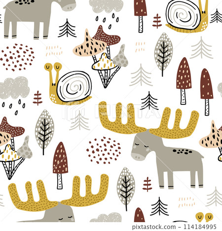 Seamless childish forest pattern with moose,... - Stock Illustration ...