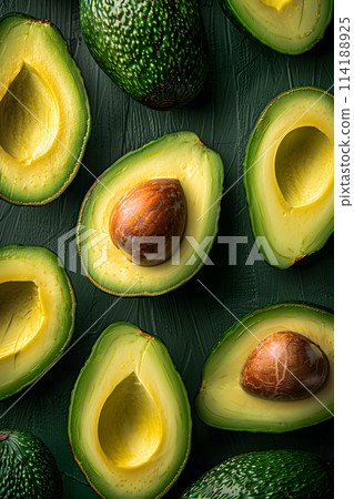 A group of avocado halves on a vibrant green... - Stock Illustration ...