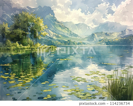 Drawing of a serene lakeside view-插圖素材 [114236734] - PIXTA圖庫