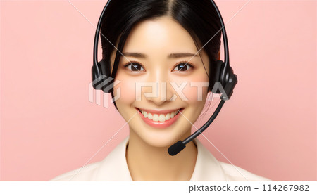 Smiling Japanese woman wearing an intercom at a... - Stock Illustration ...