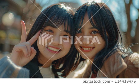 Two women making peace signs - Stock Illustration [114439479] - PIXTA