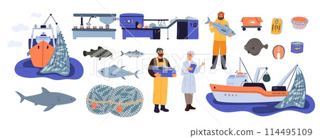 Fishing industry. Fishery elements. Vessel with... - Stock Illustration ...