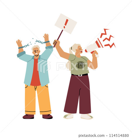 Angry man breaks the chain, woman with... - Stock Illustration ...