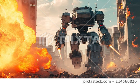 Huge fantastic robot is destroying the city.... - Stock Illustration ...