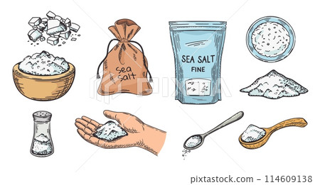 Hand drawn salt. Sketch sea salt packaging,... - Stock Illustration ...