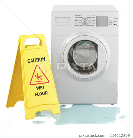 Broken washing machine with puddle and caution... - Stock Illustration ...