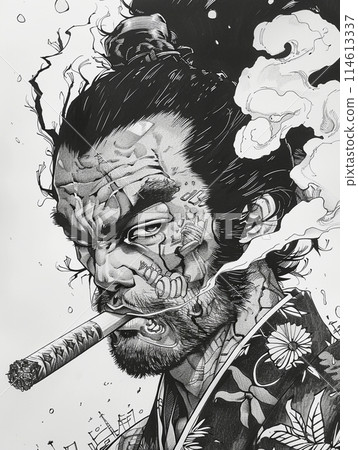 Traditional samurai smoking a cigar, monochrome... - Stock Illustration ...