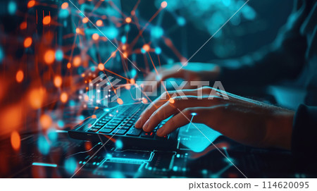 Hands on a keyboard with abstract glowing... - Stock Illustration ...