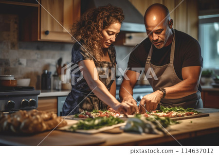 Middle age POC mixed race couple cooking at home - Stock Illustration ...