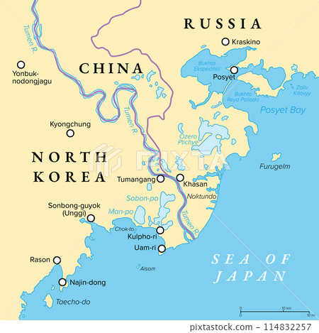 Tumen river flowing on Noktundo into Sea of... - Stock Illustration ...