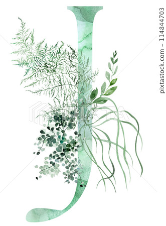 Green letter J with Watercolor whimsical tender... - Stock Illustration ...