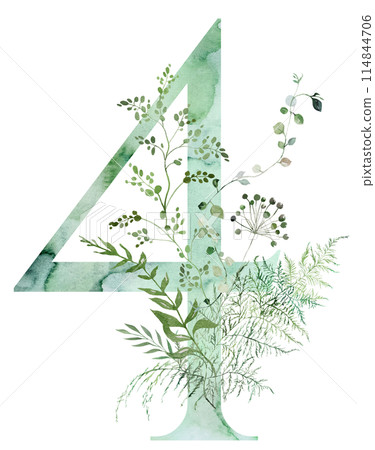 Green number 4 with Watercolor whimsical tender... - Stock Illustration ...