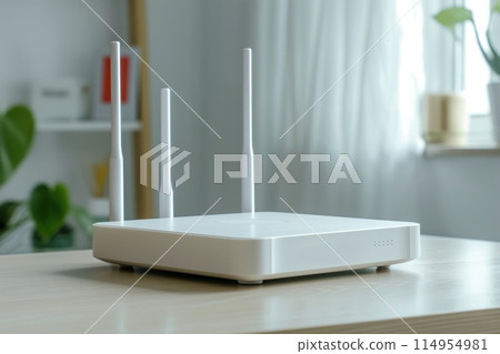 Modern Wi-Fi router on a home office desk,... - Stock Illustration ...