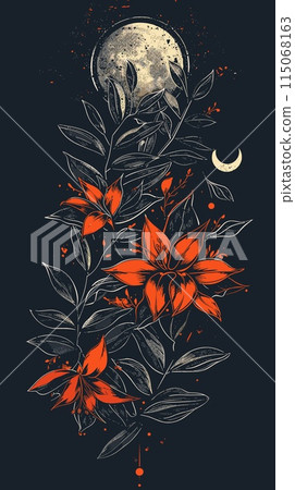 Hand drawn illustration with lily flowers, moon... - Stock Illustration ...