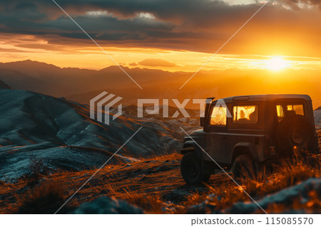 Off road car driving on mountains at sunset... - Stock Illustration ...