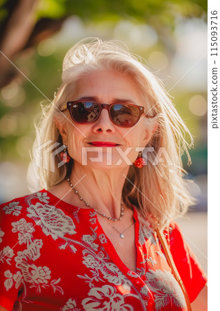 Senior woman enjoying colors at sunset - Stock Illustration [115093716 ...