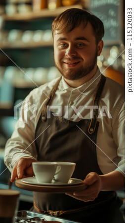 Waiter working in an inclusive cafe and cups of... - Stock Illustration ...