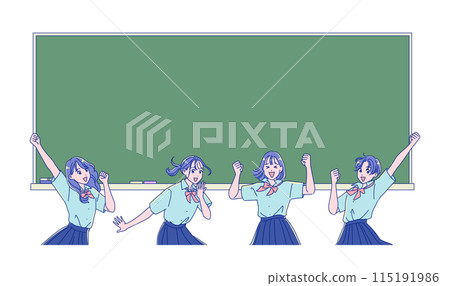 Anime-style female student cheering with fist pump - Stock Illustration ...