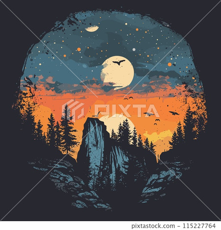 Mountain landscape with forest and full moon.... - Stock Illustration ...
