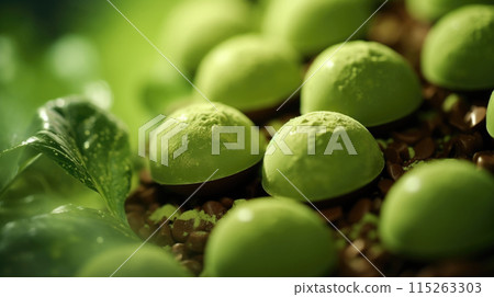 Close-up of green matcha chocolate candies with... - Stock Illustration ...