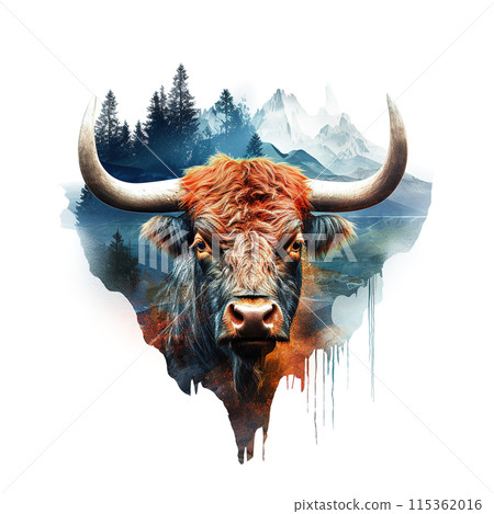 Double exposure bull head profile photography... - Stock Illustration ...