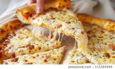 Person taking a slice of cheesy pizza - Stock Illustration [115364949 ...