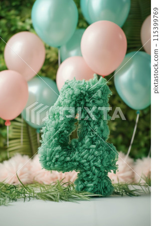 Vibrant, green, fluffy number four with blurred... - Stock Illustration ...