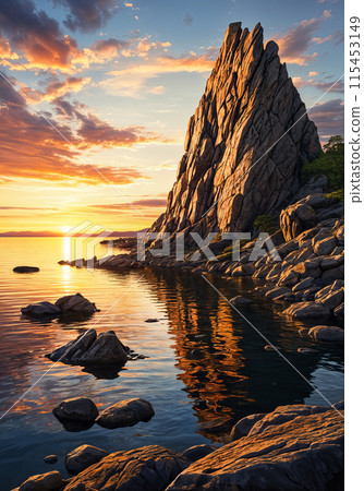 Sunset behind rock formation. - Stock Illustration [115453149] - PIXTA