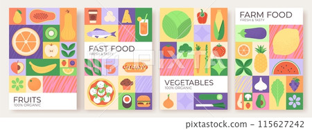 Simple geometric food cards. Vegan and meat,... - Stock Illustration ...