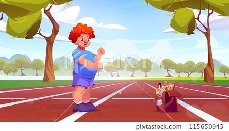 Fat boy on run track eat junk food cartoon vector - Stock Illustration ...