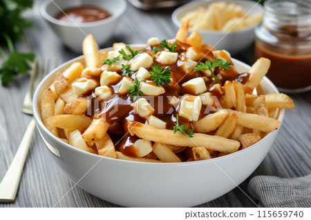 Traditional poutine in a white bowl, a... - Stock Illustration ...