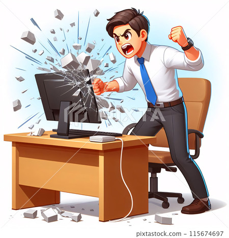 Furious man breaking computer screen-插圖素材 [115674697] - PIXTA圖庫