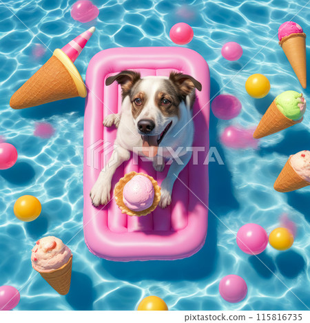Happy dog on holiday in the pool. Cute dog... - Stock Illustration ...