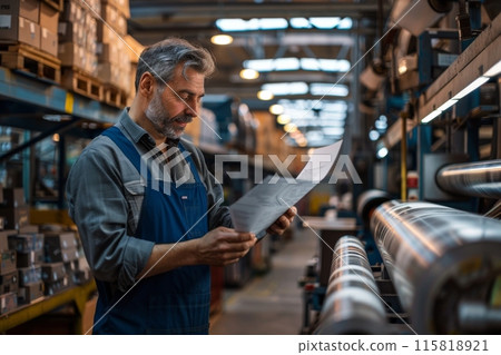Factory worker in blue overalls inspecting a... - Stock Illustration ...