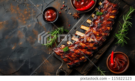 Delicious grilled bbq ribs on rustic background - Stock Illustration ...