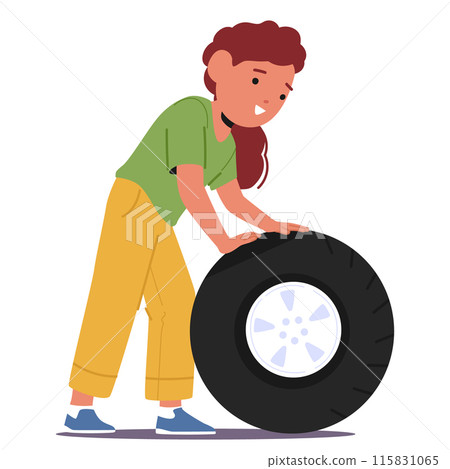 Child Character Rolling A Large Tire. Colorful... - Stock Illustration ...